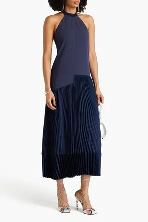 Simkhai Hazel Pleated Satin And Crepe Halterneck Midi Dress