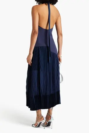 Simkhai Hazel Pleated Satin And Crepe Halterneck Midi Dress