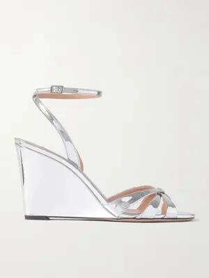 AQUAZZURA Tati 85 Metallic Leather Wedge Sandals - Silver