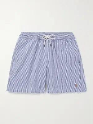 Polo Ralph Lauren Traveler Straight-leg Mid-length Striped Cotton-blend Seersucker Swim Shorts - Blue