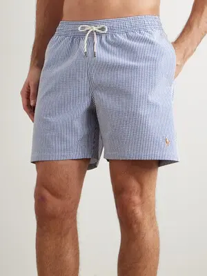 Polo Ralph Lauren Traveler Straight-leg Mid-length Striped Cotton-blend Seersucker Swim Shorts - Blue