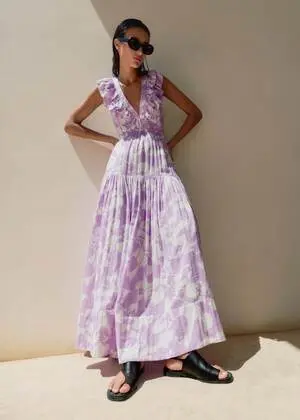 Me+em Cheesecloth Tulip Print Maxi Dress - Soft White/sherbet Lilac