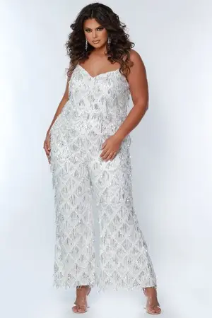 SYDNEY'S CLOSET Sydney's Closet Sequin Fringe Plus Size Jumpsuit Diamond White