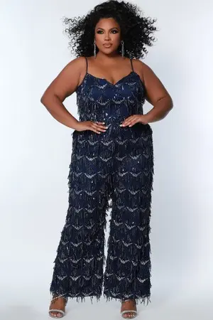 SYDNEY'S CLOSET Sydney's Closet Sequin Fringe Plus Size Jumpsuit Navy