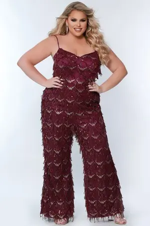 SYDNEY'S CLOSET Sequin Fringe Jumpsuit - Sangria