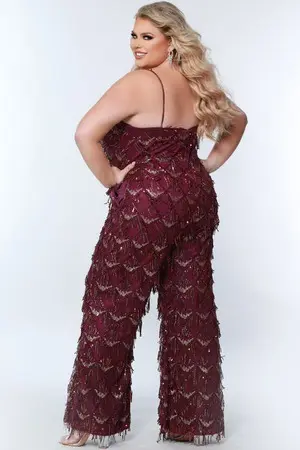 SYDNEY'S CLOSET Sequin Fringe Jumpsuit - Sangria