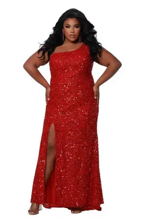SYDNEY'S CLOSET One-shoulder Sequin Gown - Ruby