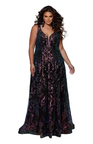 SYDNEY'S CLOSET Sequin A-line Gown With V-neckline