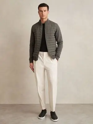 REISS Hybrid Quilt And Interlock Zip Jacket - Sage