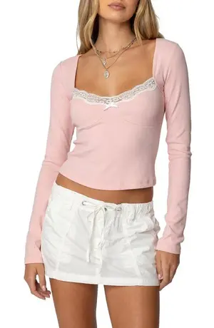 EDIKTED Morgyn Lace Trim Rib Crop Top