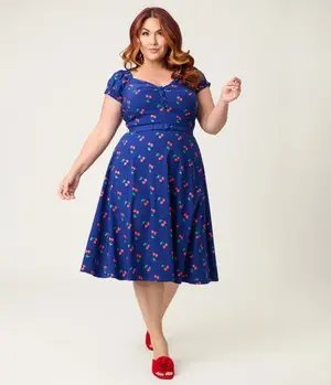 Unique Vintage Ohara Stretch Swing Dress - Navy W/cherries