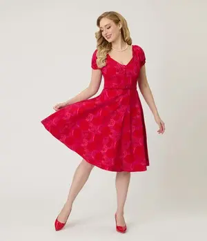 Unique Vintage Ohara Swing Dress - Red & Pink Flower Print