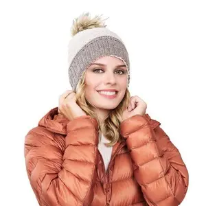 NIRVANNA DESIGNS Stripe Flower Fur Pom Pom Beanie