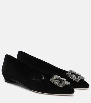 Manolo Blahnik Hangisi Embellished Velvet Ballet Flats - Black