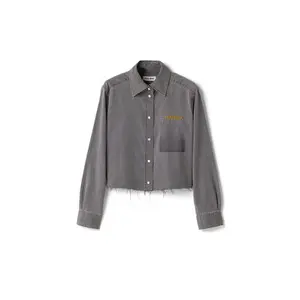 Miu Miu Cropped Chambray Shirt With Embroidered Logo - Grey