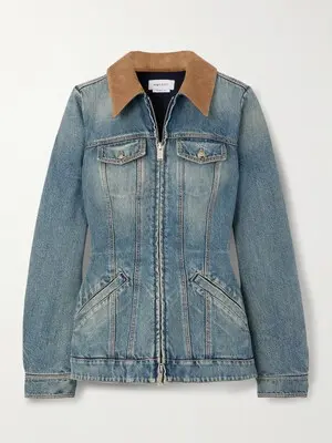 Alexander McQueen Corduroy-trimmed Denim Peplum Jacket - Blue