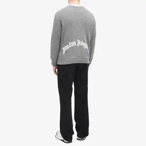 Palm Angels Curved Logo Melange Crew Knit - Grey