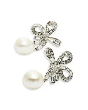 KENNETH JAY LANE Imitation Pearl And Pave Bow Drop Earrings - Silver