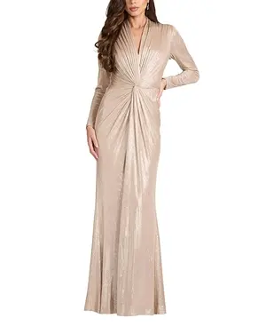 Tadashi Shoji Ferrum Metallic Twist Drape Gown - Pebble