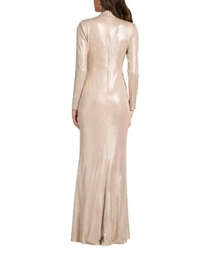 Tadashi Shoji Ferrum Metallic Twist Drape Gown - Pebble