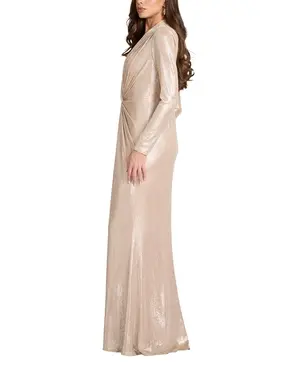 Tadashi Shoji Ferrum Metallic Twist Drape Gown - Pebble