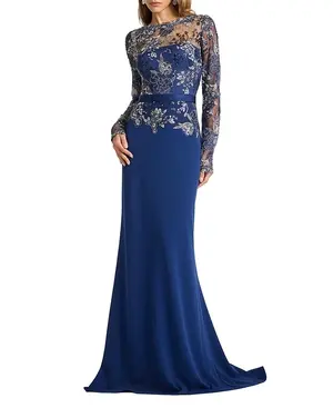 Tadashi Shoji Beacon Belted Embroidered Illusion Gown - Midnight