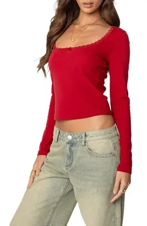 EDIKTED Mora Lace Trim Knit Top - Red