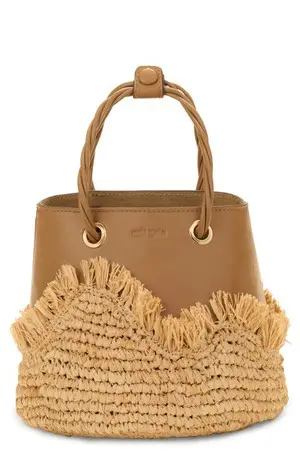 Cult Gaia Jojo Leather & Raffia Top Handle Bag - Camel
