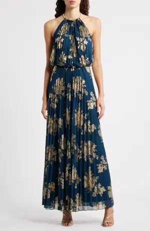 Halogen Pleated High Neck Maxi Dress - Dark Forest