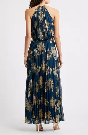 Halogen Pleated High Neck Maxi Dress - Dark Forest