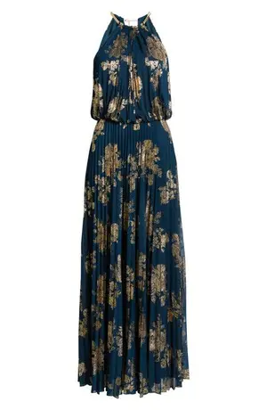 Halogen Pleated High Neck Maxi Dress - Dark Forest