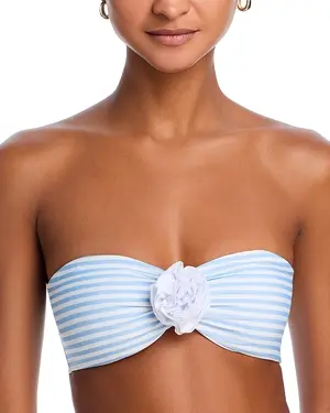 Aqua Rosette Striped Bandeau Bikini Top - Blue Stripe