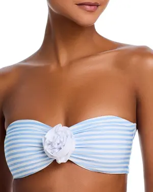 Aqua Rosette Striped Bandeau Bikini Top - Blue Stripe