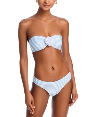 Aqua Rosette Striped Bandeau Bikini Top - Blue Stripe