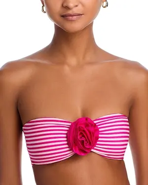 Aqua Rosette Striped Bandeau Bikini Top Pink Stripe