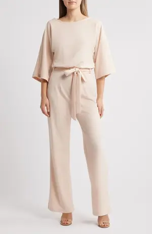 NIKKI LUND Joycelyn Flare Sleeve Tie Waist Jumpsuit - Beige