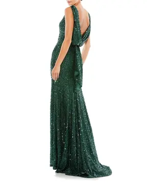 Mac Duggal Sequin Embellished Gown With Cowl Back And Bow Detail - Emerald