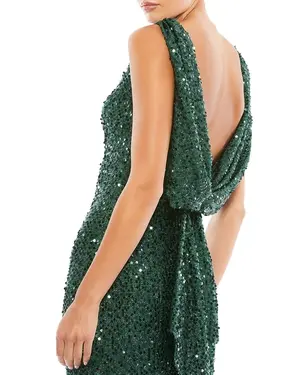 Mac Duggal Sequin Embellished Gown With Cowl Back And Bow Detail - Emerald