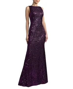 Mac Duggal Sequined Boat Neck Gown With Cowl Back And Bow - Plum