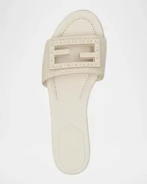 Fendi Baguette Ff Leather Buckle Flat Slide Sandals - Camelia