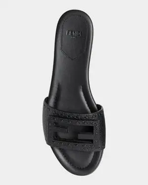 Fendi Baguette FF Leather Buckle Flat Slide Sandals F0qa1 Nero