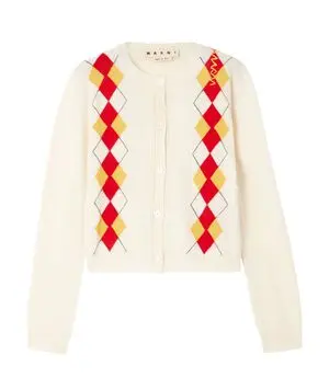 Marni Cropped Embroidered Argyle Wool Cardigan - Cream