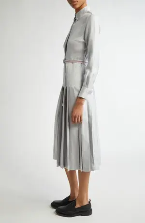 Thom Browne Long Sleeve Pleated Midi Shirtdress