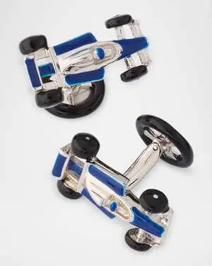 JAN LESLIE Sterling Silver Enamel Race Car Cufflinks - Blue
