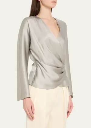 Giorgio Armani Draped Double Silk Wrap Shirt - Silver
