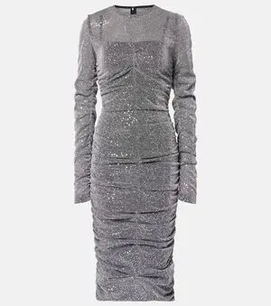 Dolce & Gabbana Sequined Ruched Midi Dress - Silver