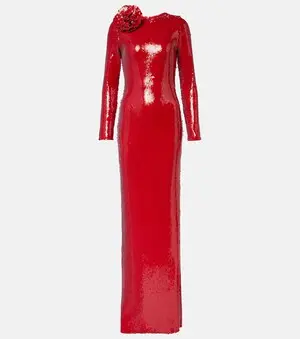 RODARTE Floral-appliqué Sequined Gown - Red