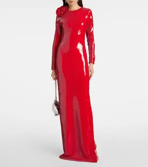 RODARTE Floral-appliqué Sequined Gown - Red