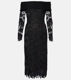 Oscar De La Renta Orchid Floral Guipure Midi Dress - Black