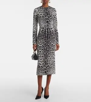 Dolce & Gabbana Leopard-print Silk-blend Midi Dress - Grey